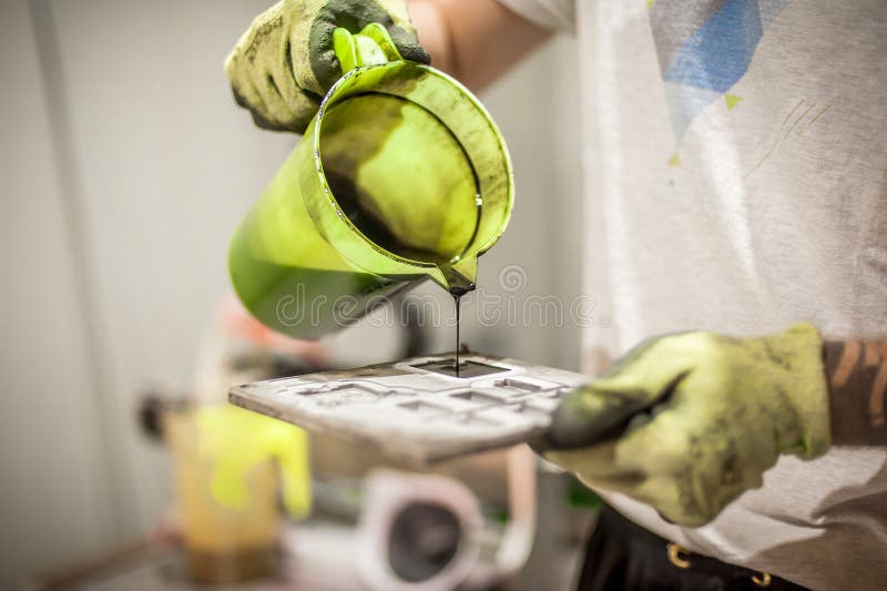 Worker Technician Work with Soft PVC Liquid Rubber in Mold Stock Image ...
