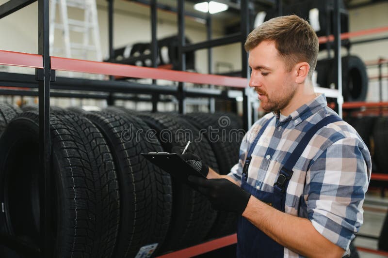 Professional Worker with Tire. Man is in the Tire Fitting Car Service ...