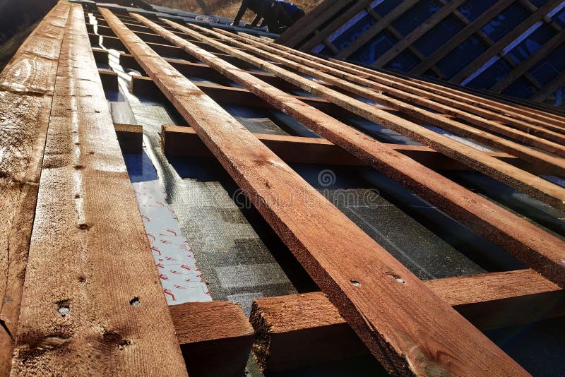 Workers Mount Wooden Beams for the Roof Stock Photo - Image of rafters ...
