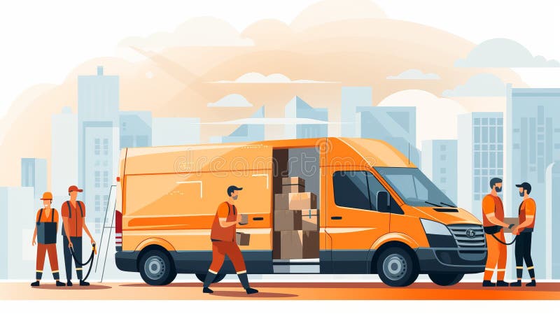 Professional Workers Unloading Boxes from Van for Moving Service with ...