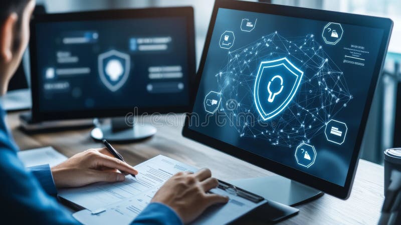 Professional Working on Cybersecurity Documents in Modern Office Stock ...