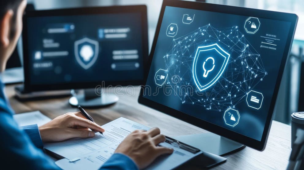 Professional Working on Cybersecurity Documents in Modern Office Stock ...