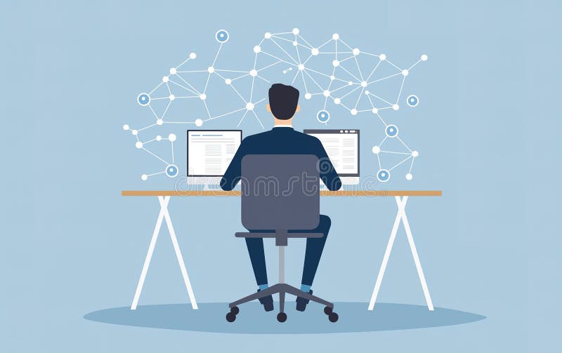 Professional Working at a Desk Using Multiple Computers To Analyze Data ...