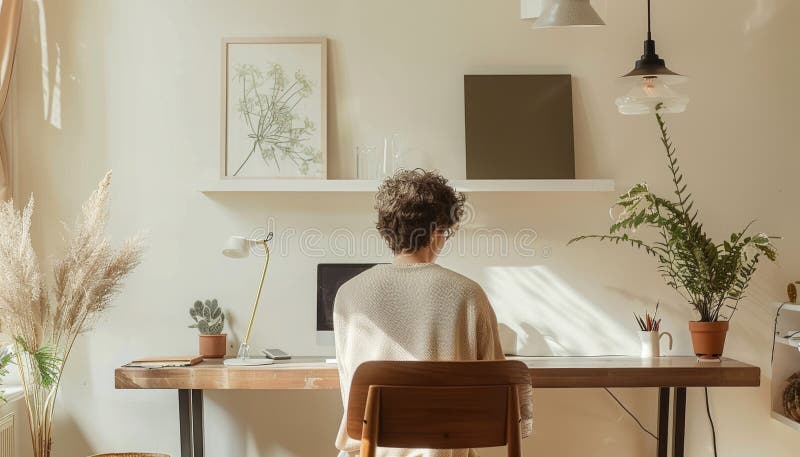 A Focused Professional is Working on a Computer in a Cozy Home Office ...