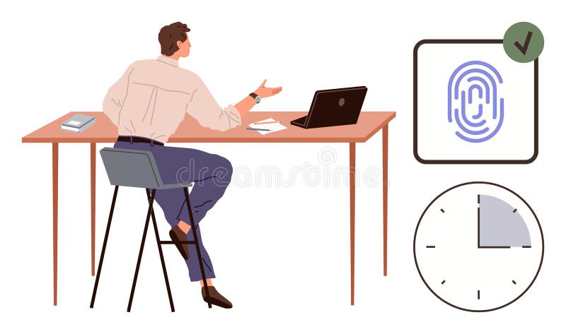 Professional Working on Laptop with Biometric and Time Authentication for Secure Access Stock ...