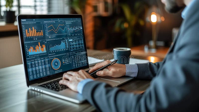 Professional Working on a Laptop with Financial Graphs and Charts, Corporate Strategy, and ...