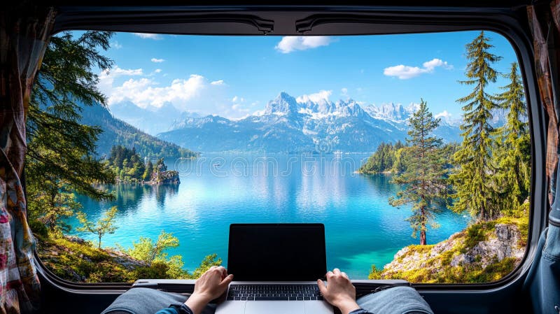 A Professional Working on a Laptop Inside a Camper Van Stock ...