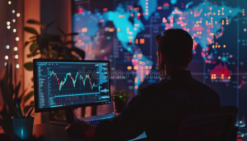 Professional Working Late at Night Analyzing Financial Data on a ...