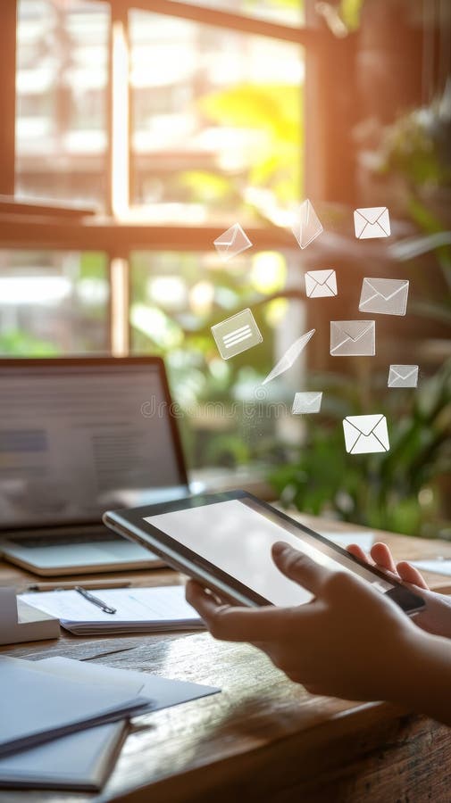 Professional Working Remotely with a Tablet Surrounded by Email Icons ...