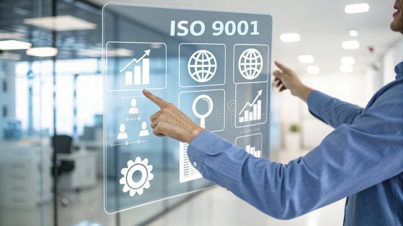 Businessman Interacting with a Virtual Screen about ISO 9001 ...