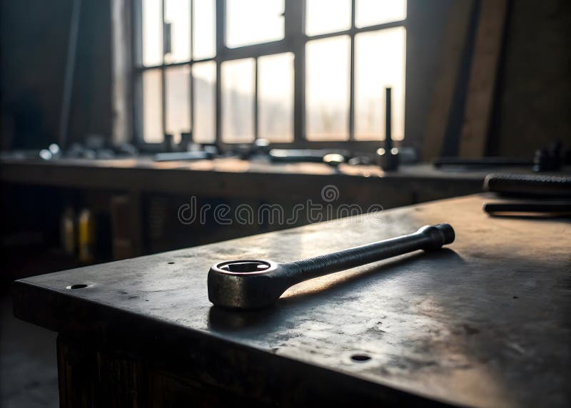 Professional Workshop Scene Featuring a Wrench on Table at Dusk Stock ...