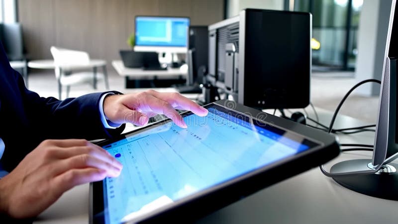 A Professional Workspace in 3D, Quality Shows Hands Interacting with a ...