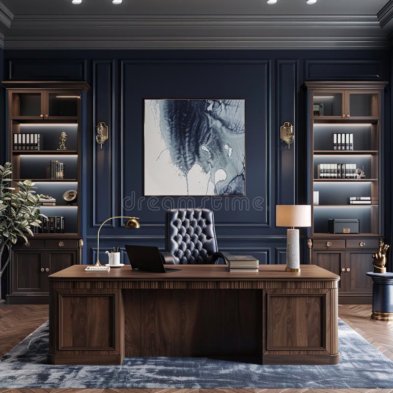 Professional Workspace with Executive Desk and Navy Blue Walls Stock ...