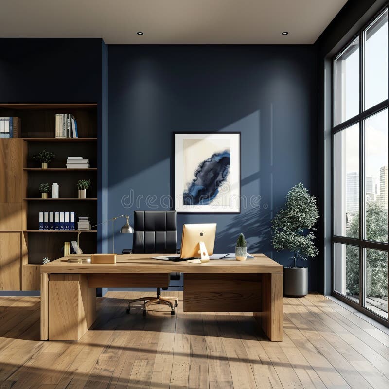 Professional Workspace with Executive Desk and Navy Blue Walls Stock ...