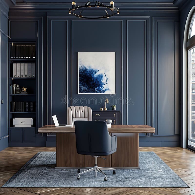Professional Workspace with Executive Desk and Navy Blue Walls Stock ...
