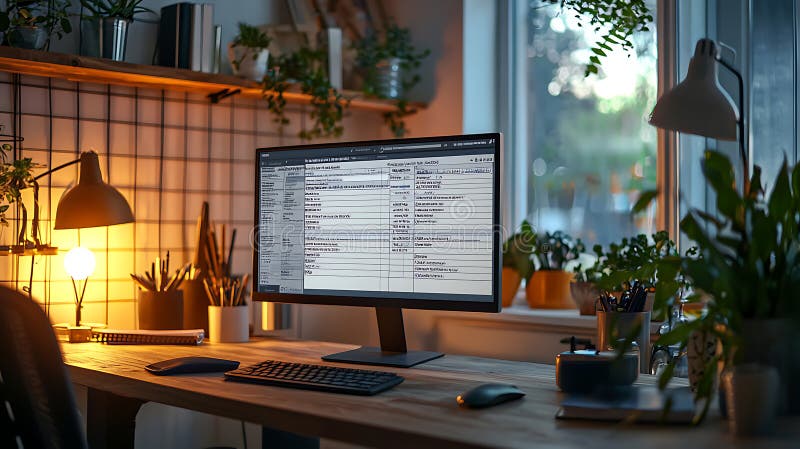 Professional Workspace Featuring Desktop Monitor, Plants, and Warm ...