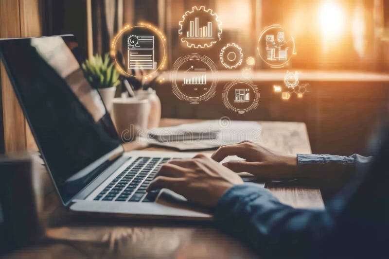 A Professional Workspace with Holographic Icons for Automation ...