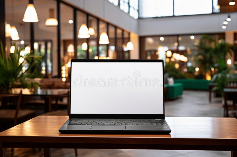 Professional Workspace Laptop in Hotel Reception with Blank Copyspace ...