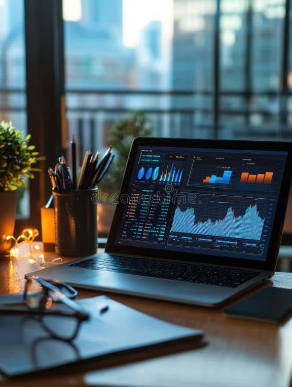 Professional Workspace with Laptop Showcasing Business Analytics ...