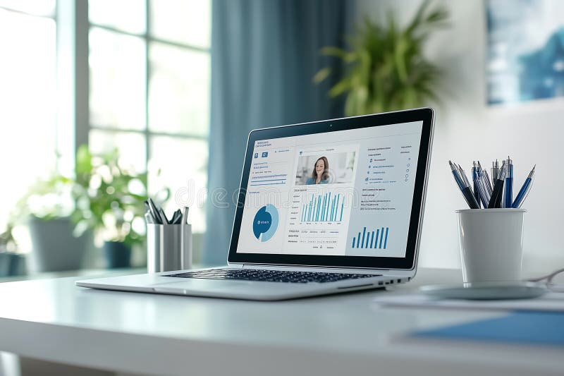 Professional Workspace with Laptop Showing Analytics Stock Illustration ...