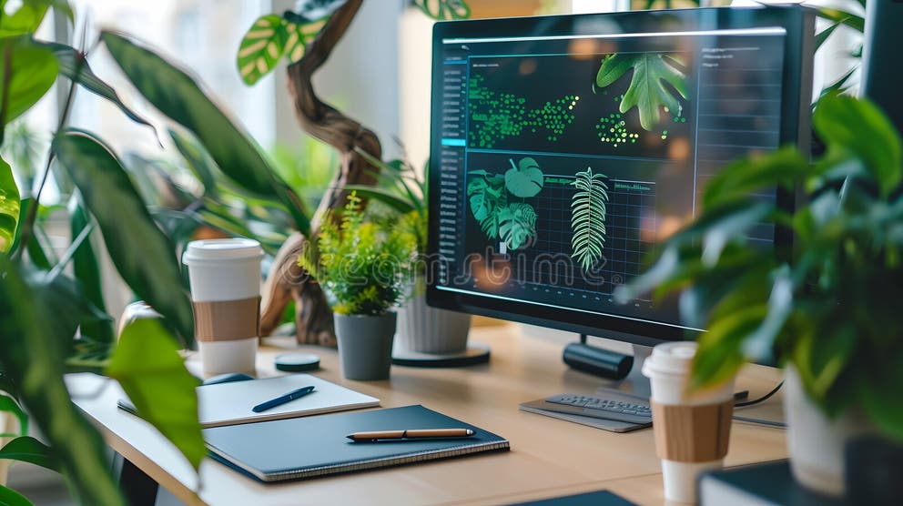 Professional Workspace with Monitors Displaying Data Analytics Stock Illustration - Illustration ...