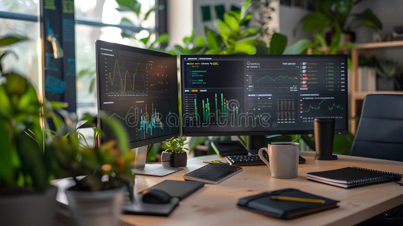 Professional Workspace With Multiple Monitors And Data Analytics Stock Illustration