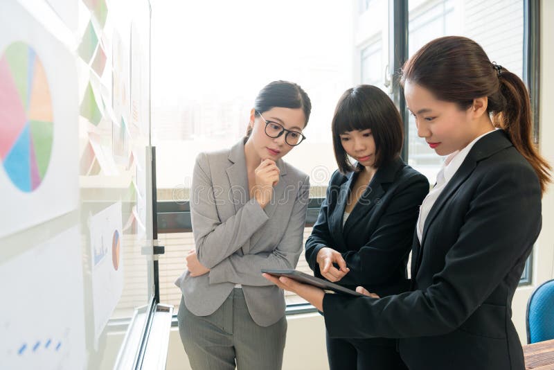 Female Work Team Standing in Front of Whiteboard Stock Photo - Image of ...