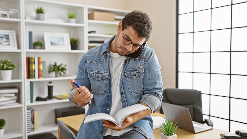A Professional Young Man Multitasking in a Modern Office, Talking on ...