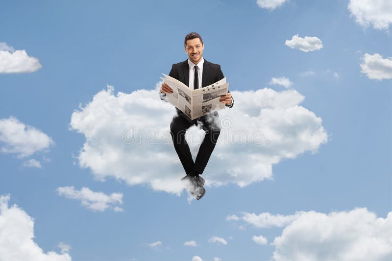Professional Young Man in a Suit Sitting on a Cloud and Reading a Newspaper Stock Photo - Image ...
