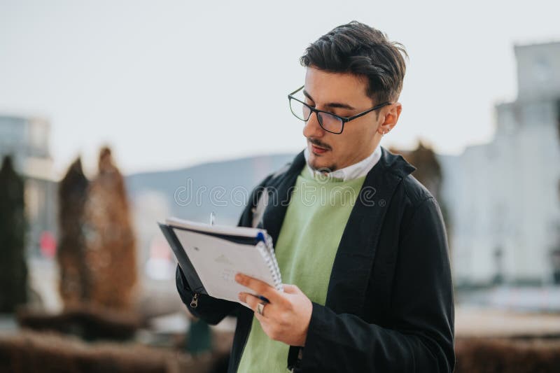 Professional Young Man Taking Notes Outdoors while Focusing on a Task ...