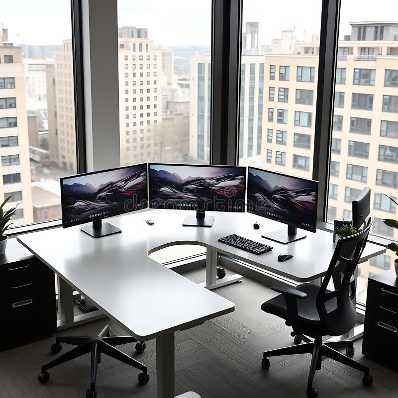 A Professional Z Shaped Desk with Dual Screens a Keyboard and an ...