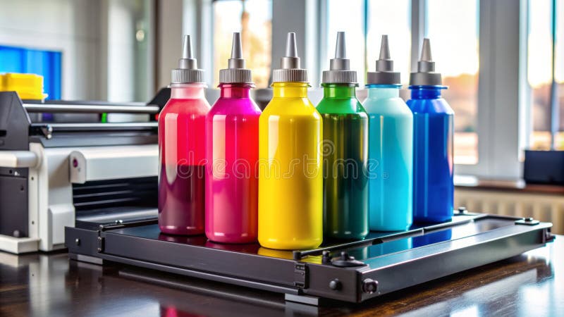 ProfessionalGrade CMYK Ink Bottles on Modern Printer Flatbed a Clean ...