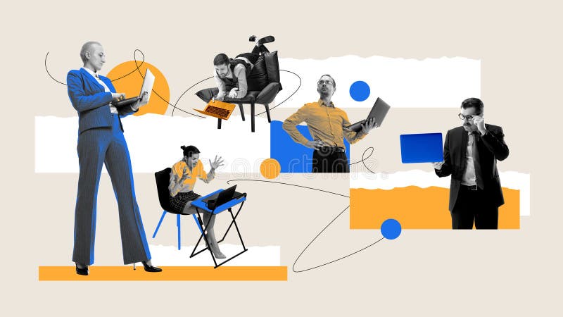 Professionals, Employees in Various Poses with Laptops, Representing ...