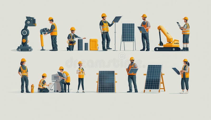 Professionals Engaged in Solar Panel Installation and Robotic Equipment ...