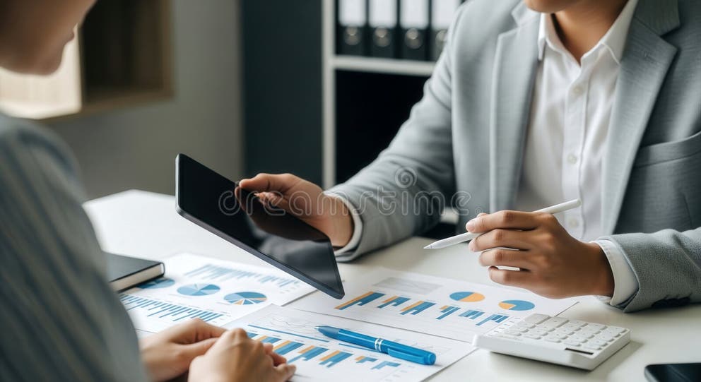 Professionals in Formal Suits Analyzing Graphs and Pie Charts with a ...