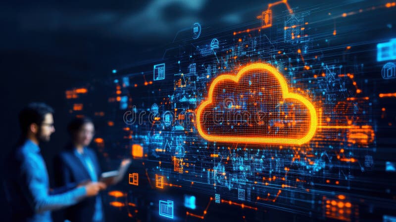 Professionals Managing Cloud Technology in Vibrant Illustration Stock ...