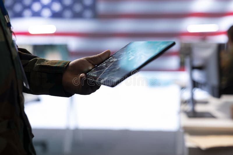 Professionals in US Military Uniforms Operate Computers and Big Screen ...