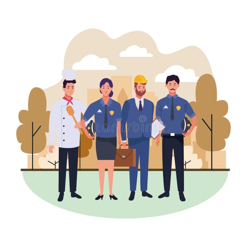 Professionals Workers Characters Smiling Cartoons in Black and White ...