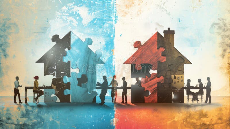 Professionals Working Together in Two Connected House-shaped Spaces ...