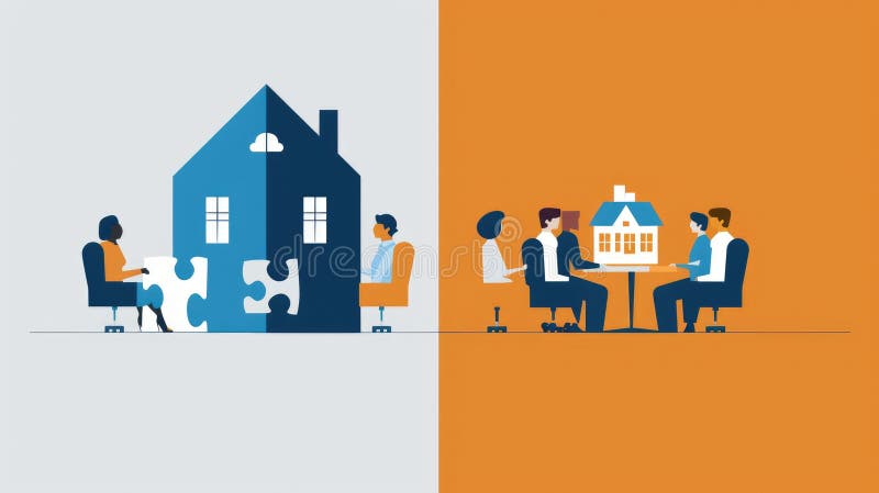 Professionals Working Together in Two Connected House-shaped Spaces ...