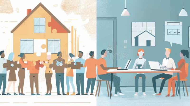 Professionals Working Together in Two Connected House-shaped Spaces ...