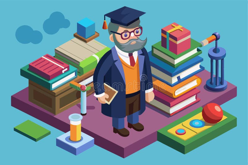 A Professor in Academic Attire Interacts with Various Books and ...