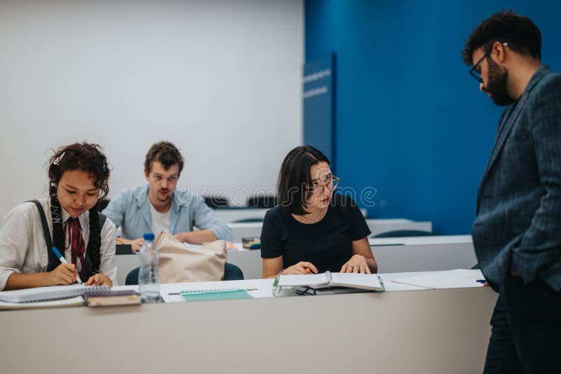 Professor Assisting Students during Interactive Classroom Session Stock ...