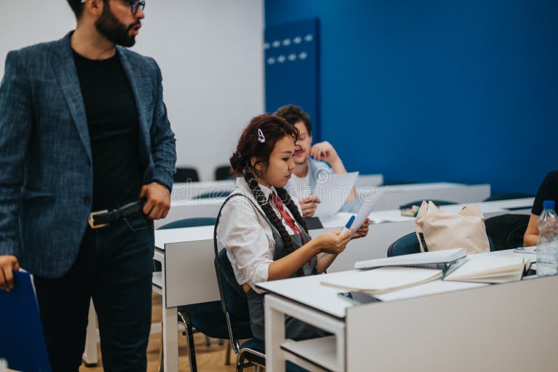 Professor Assists Students during a Classroom Task Session Stock Image ...