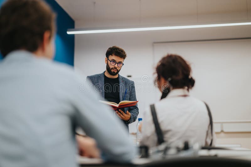 Professor Guides Students on Assignment Tasks in a Modern Classroom ...