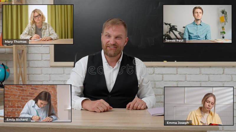 Professor Delivering Online Lecture from Classroom Setting Stock Photo ...