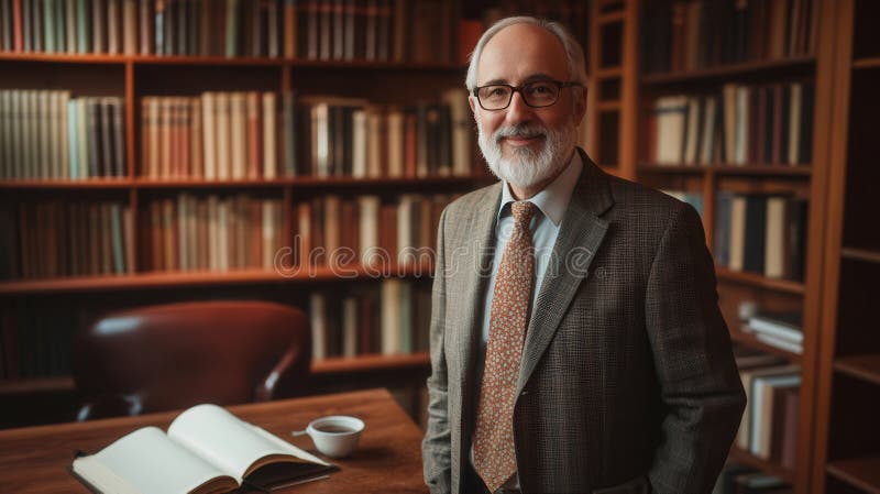 A Professor, Dressed in a Suit, Poses Confidently beside a Table with a ...