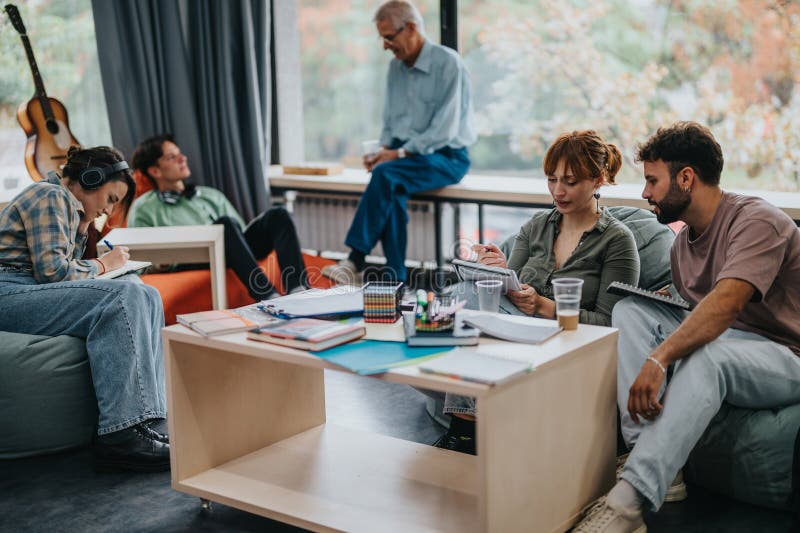 Professor Engaging with Attentive Students in Relaxed Classroom Setting ...