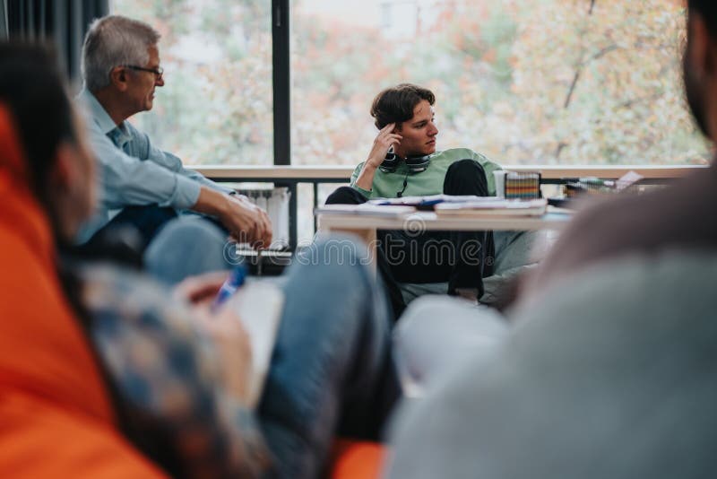 Professor Engaging with Students in Casual Classroom Setting Stock ...