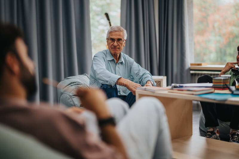 Professor Engaging with Students in a Relaxed Classroom Setting Stock ...